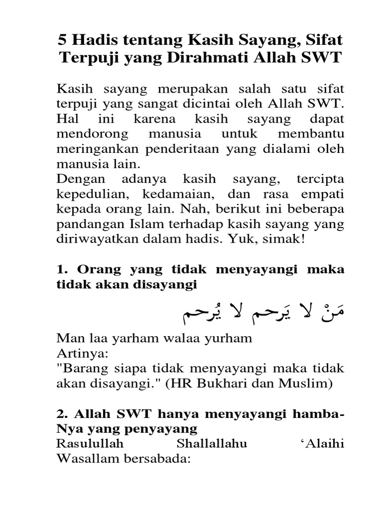 5 Hadis Tentang Kasih Sayang, Sifat Terpuji Yang Dirahmati Allah SWT | PDF