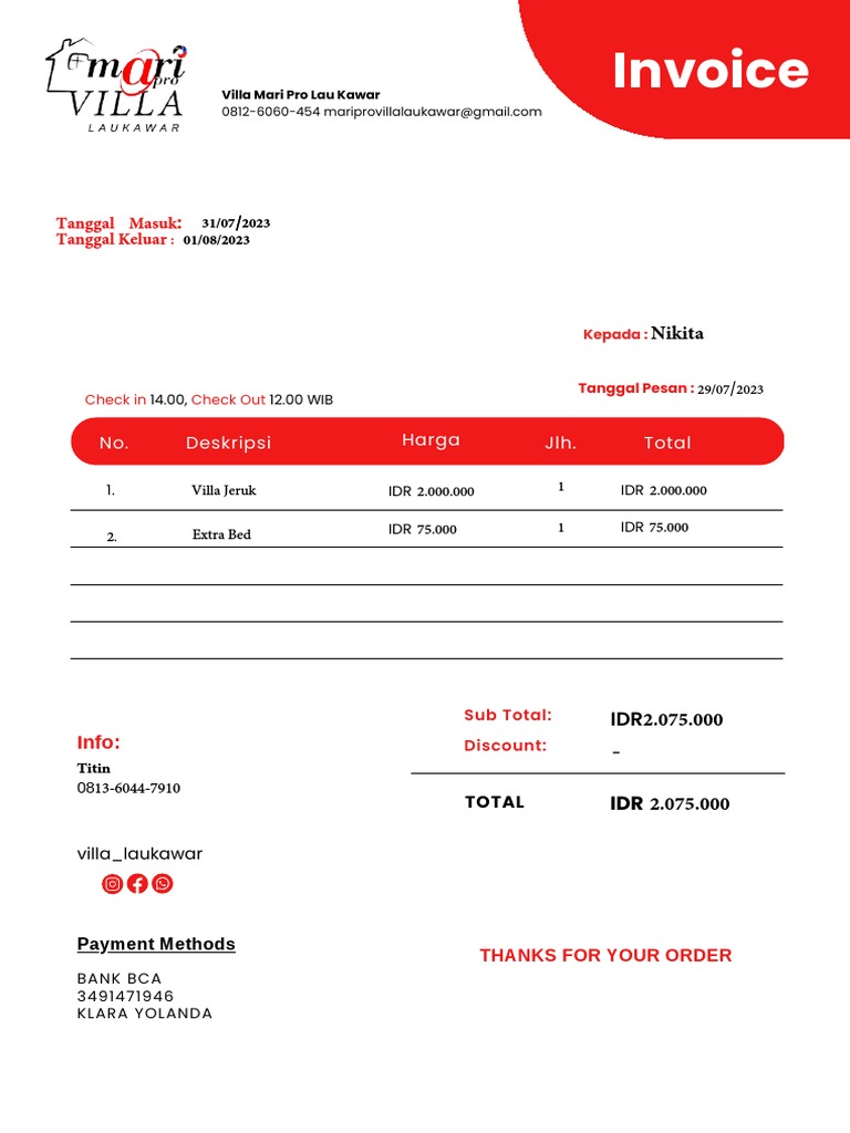 Invoice Nikita1 Villa Jeruk + 1 Extrabed | PDF