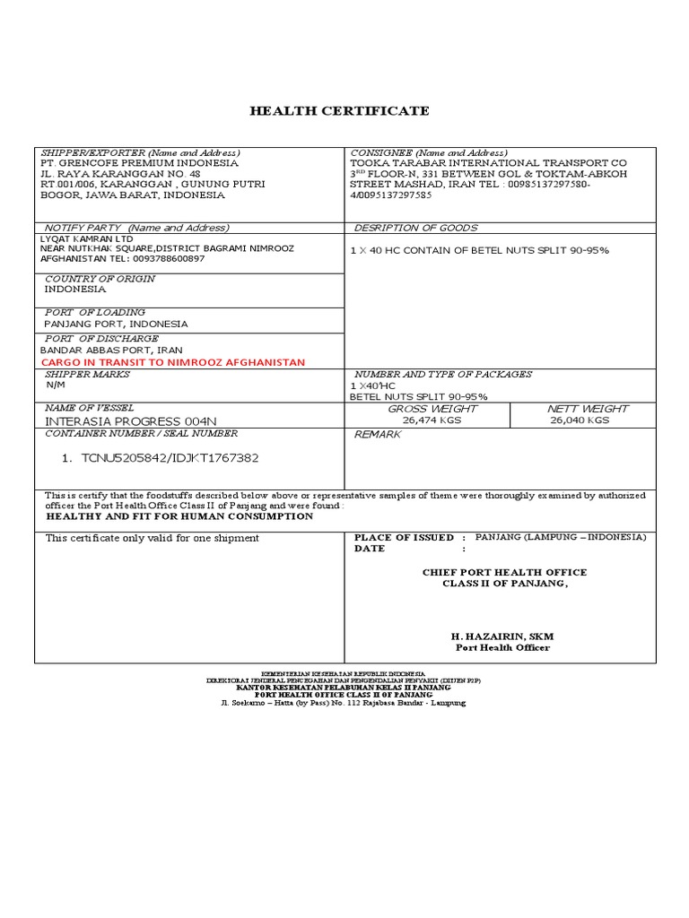 Draft Health Certificate Grencofe (9) HC Tooka | PDF | Logistics | Transport