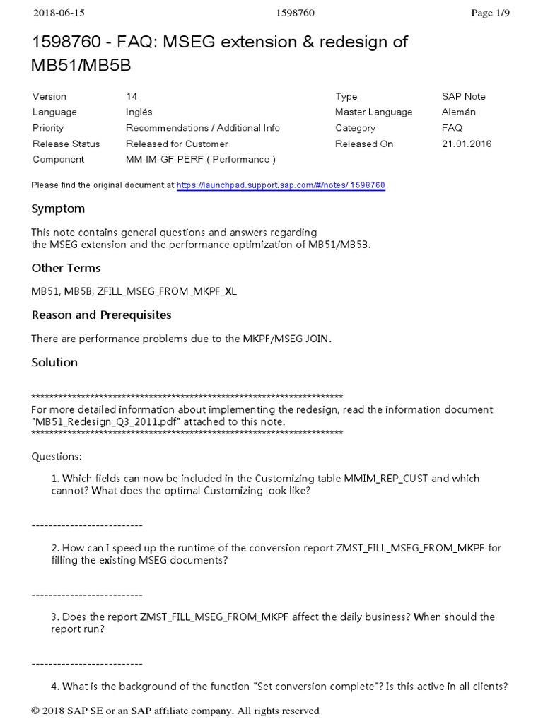 FAQ: MSEG Extension & Redesign of MB51/MB5B: Symptom | PDF