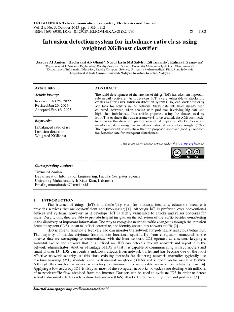 Intrusion Detection System For Imbalance Ratio Class Using Weighted XGBoost Classifier | PDF