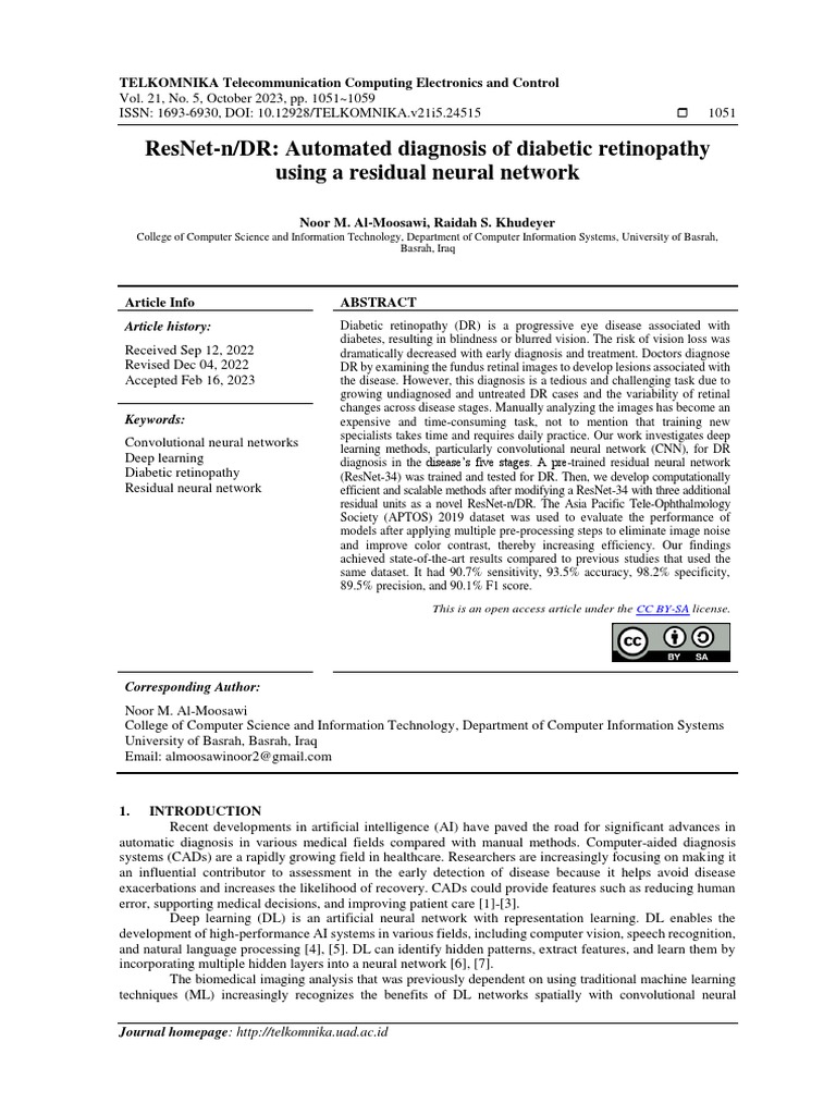 ResNet-n/DR: Automated Diagnosis of Diabetic Retinopathy Using A ...