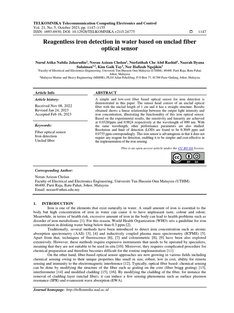 Reagentless Iron Detection in Water Based On Unclad Fiber Optical ...