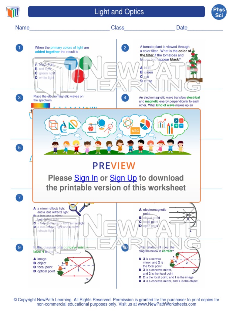 Worksheet Physics High School Light and Optics 2055 1 | PDF