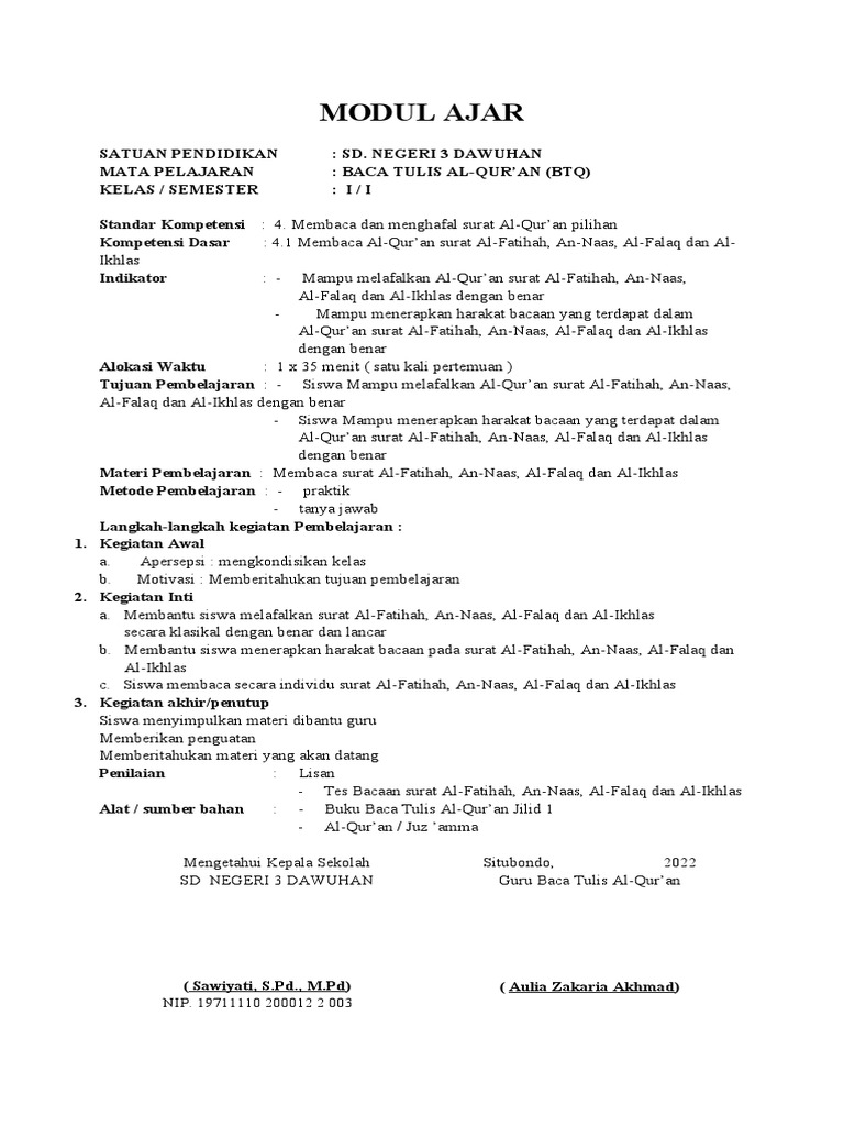 Modul Ajar BTQ | PDF