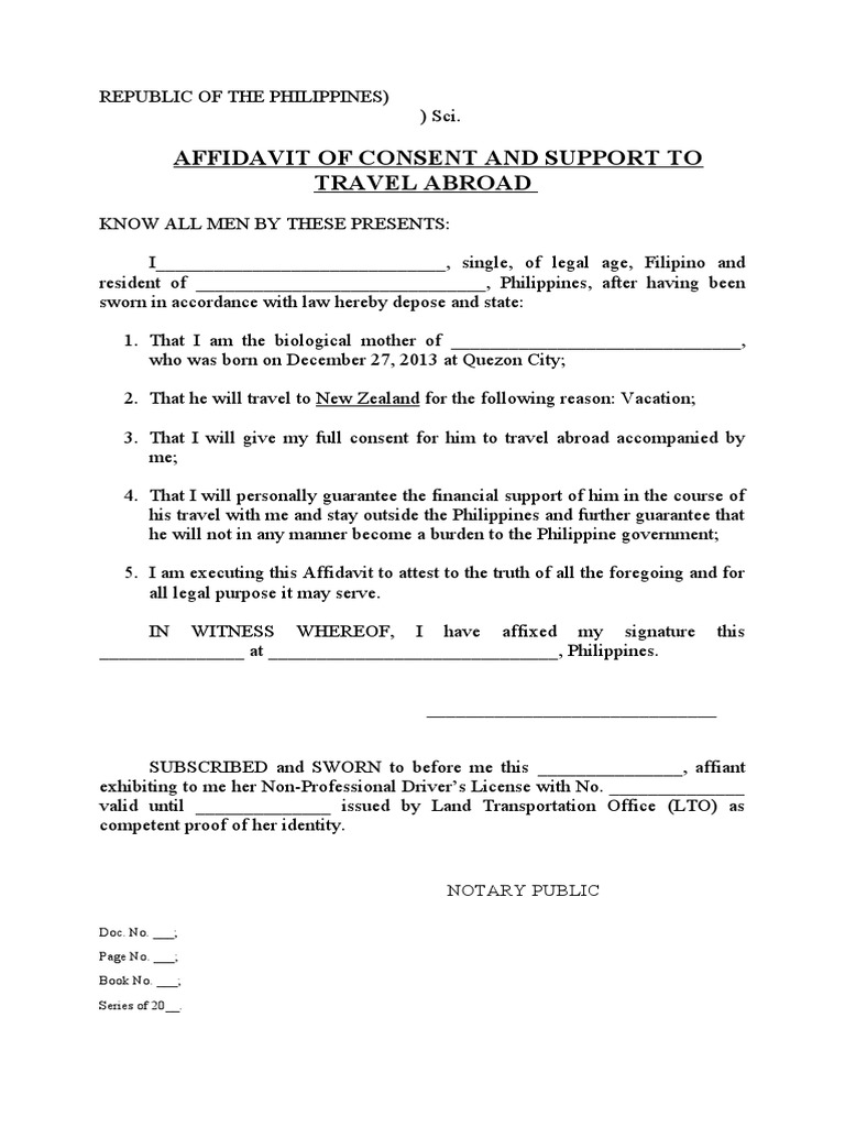 Affidavit of Consent and Support To Travel Abroad: Notary Public | PDF