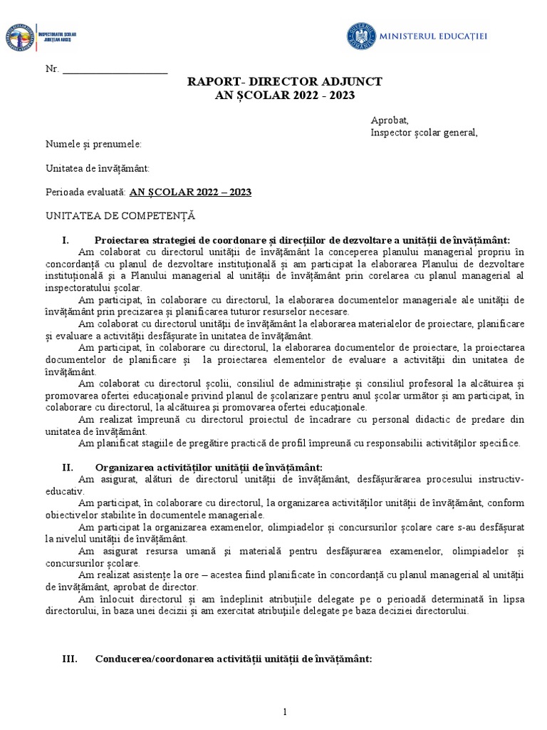 Raport - Autoevaluare - Director Adjunct 2021 2022 | PDF