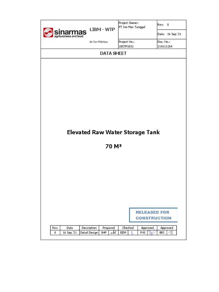 Elevated Raw Water Storage Tank Data Sheet | PDF | Mechanical ...