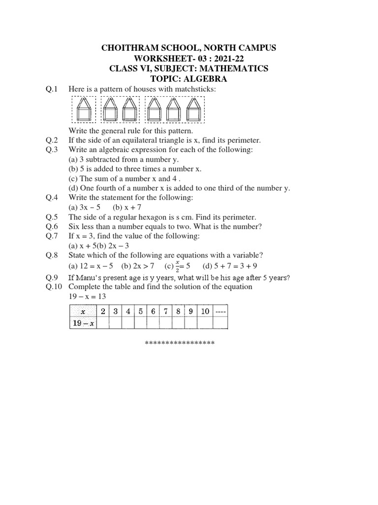 01 Algebra Worksheet Class VI | PDF