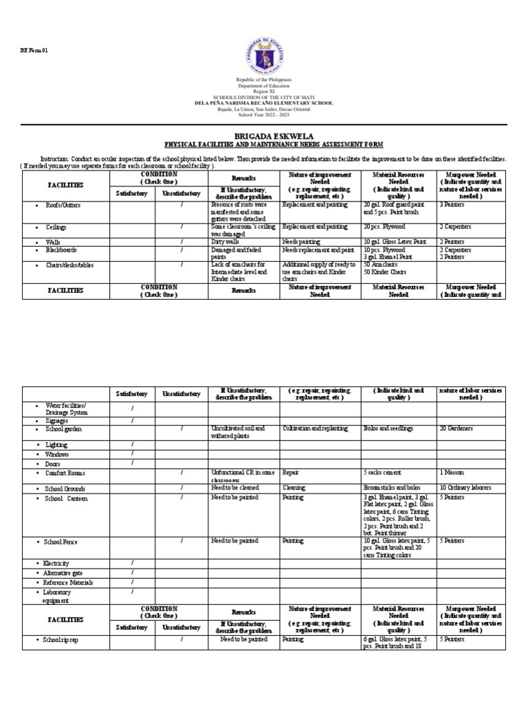 Be Form 1 - Physical Facilities and Maintenance Needs Assessment Form | PDF