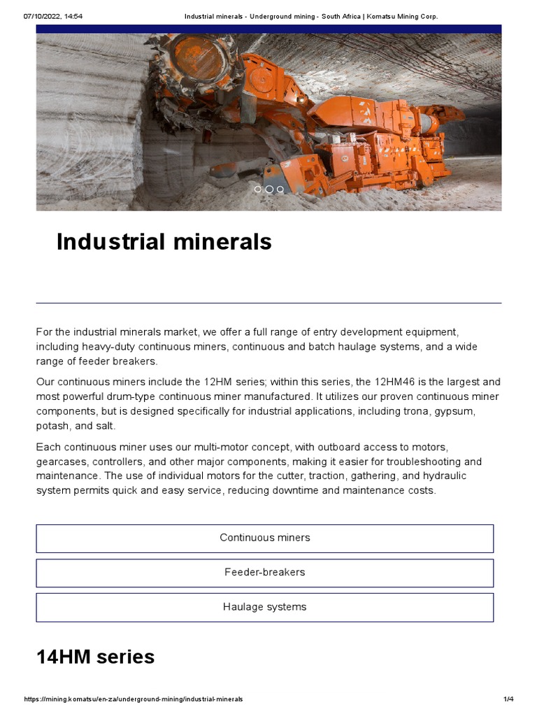 Industrial Minerals - Underground Mining - South Africa - Komatsu Mining Corp | PDF