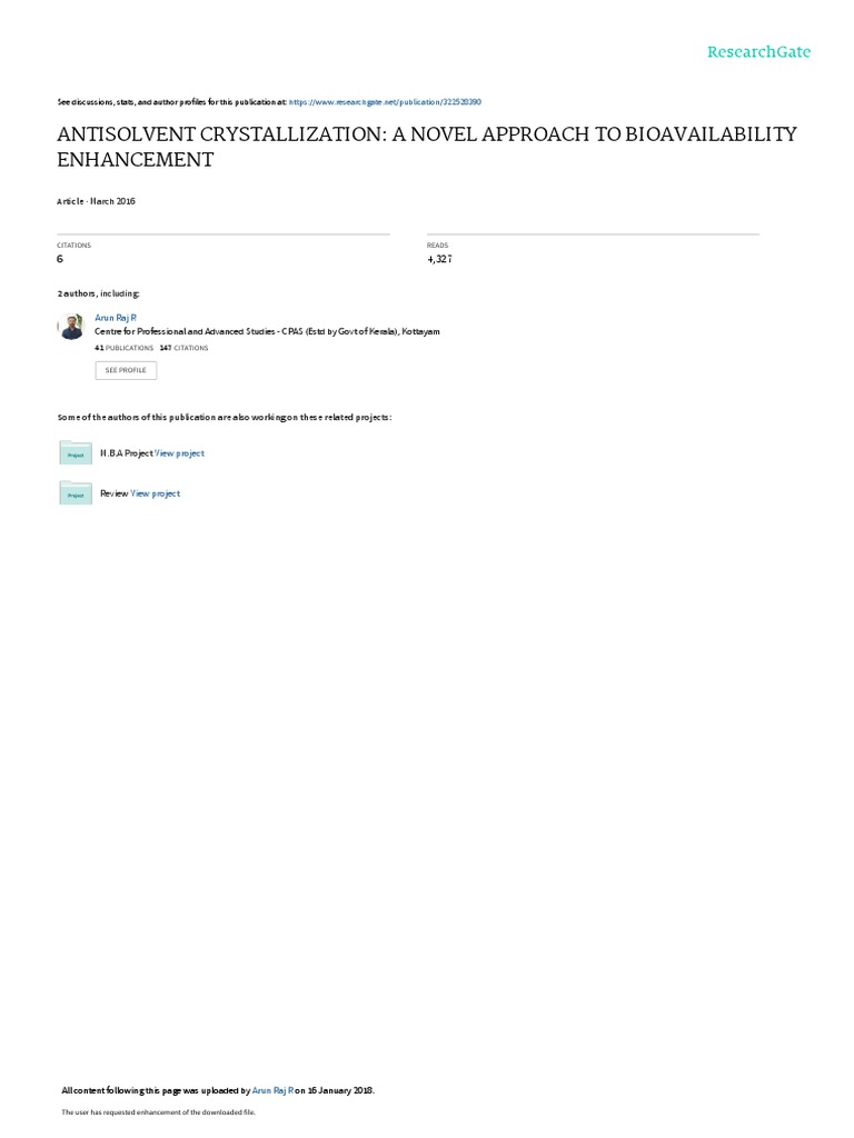 Antisolvent Crystallization: A Novel Approach To Bioavailability ...