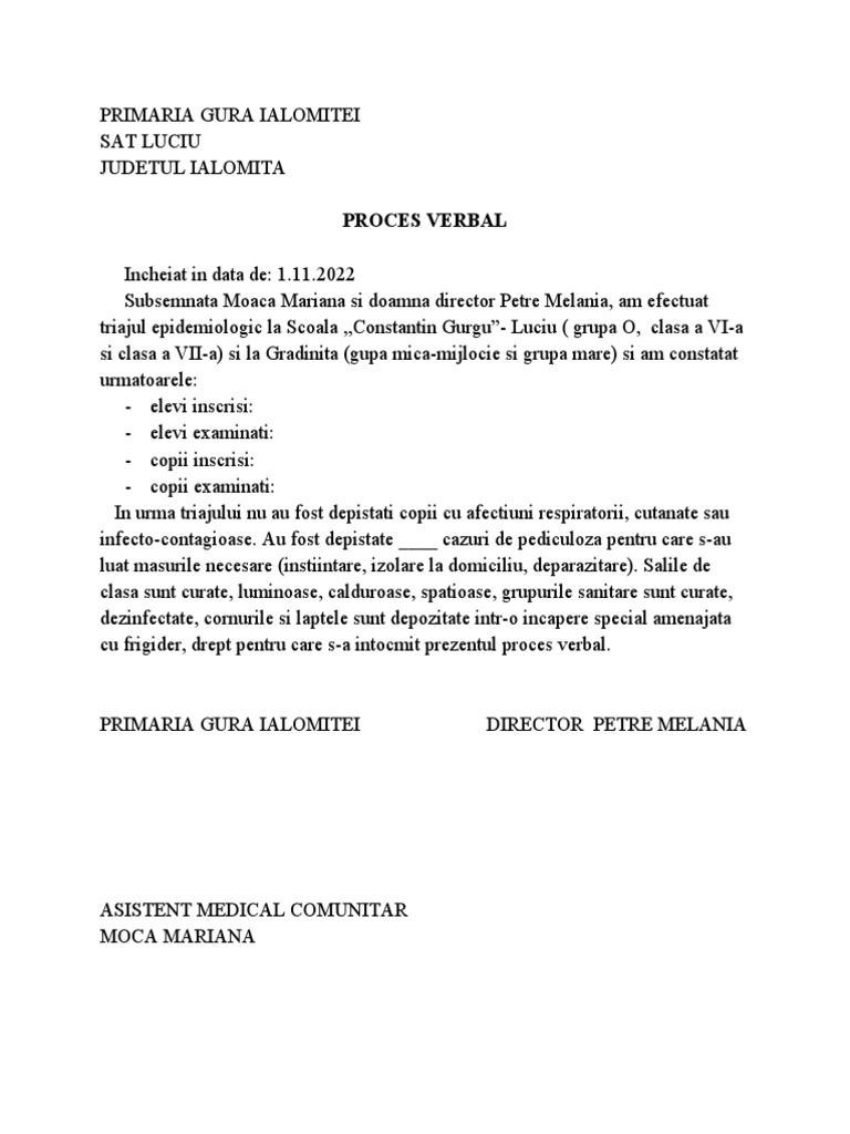 Proces Verbal Triaj Epidemiologic | PDF