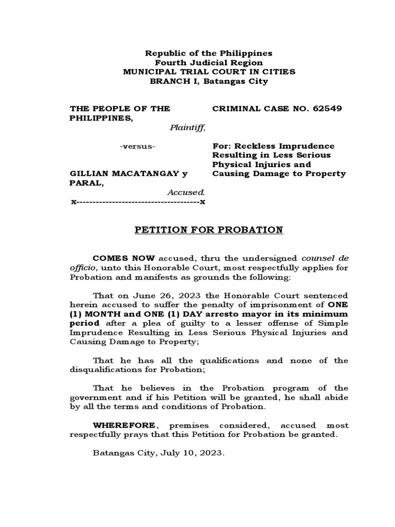 Petition For Probation - MTCC 1 | PDF