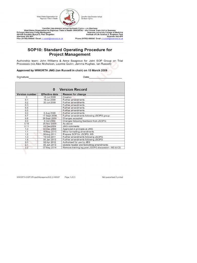 SOP10 - Standard Operating Procedure For Project Management - Sop10 ...