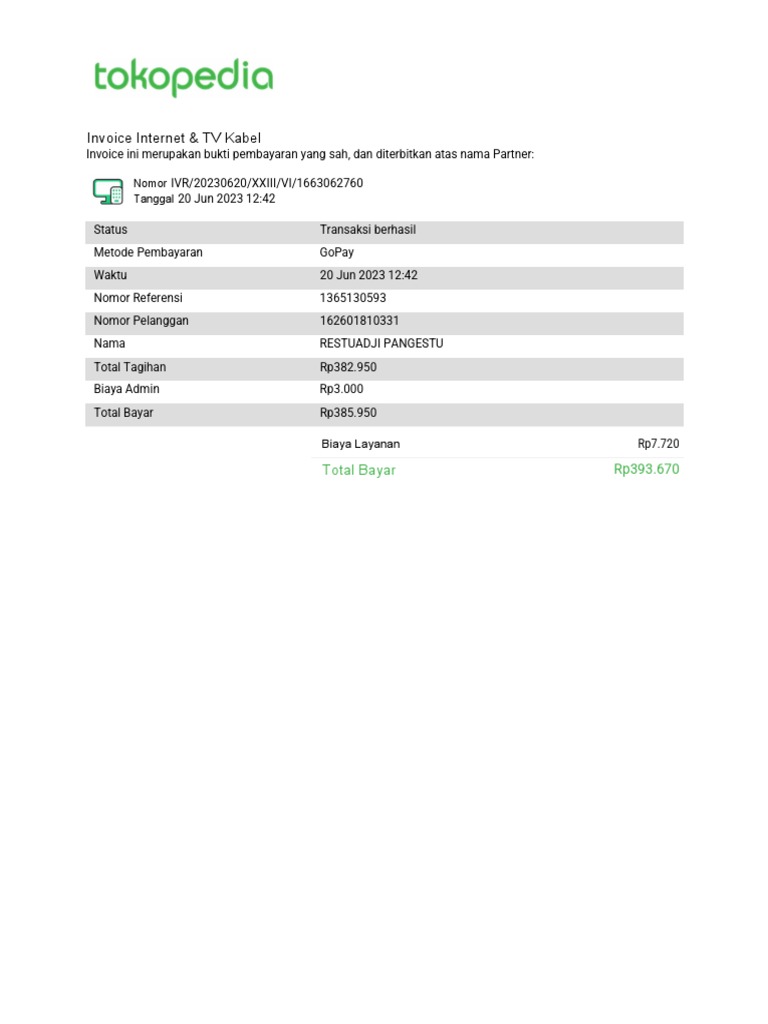 Invoice Indihome Juni 2023 | PDF | Pengelolaan Keuangan & Uang