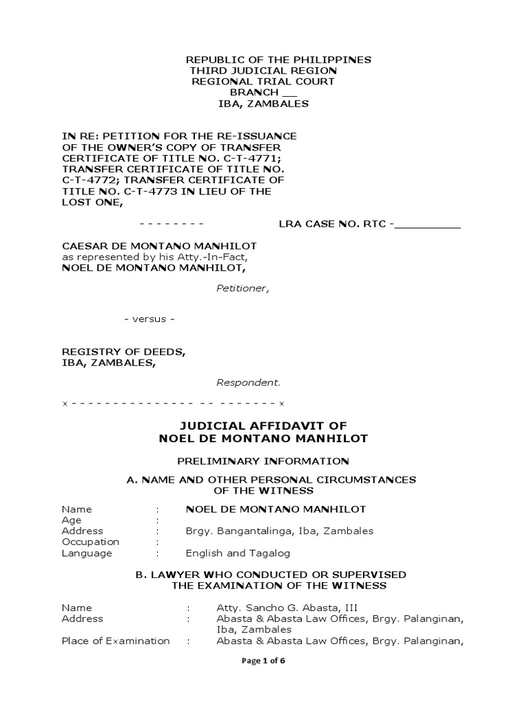 Judicial Affidavit Lost Title Case | PDF