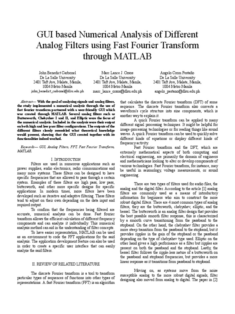 Gui Based Numerical Analysis Of Different Analog Filters Using Fast Fourier Transform Through