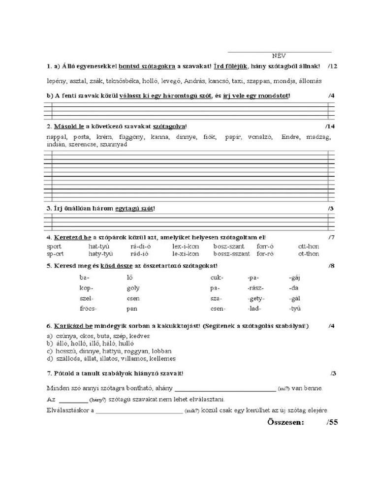 Felmérő 2. O. Nyelvtan Félévi | PDF