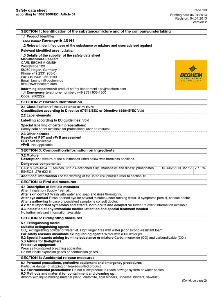 MSDS Berusynth 46 H1 | PDF