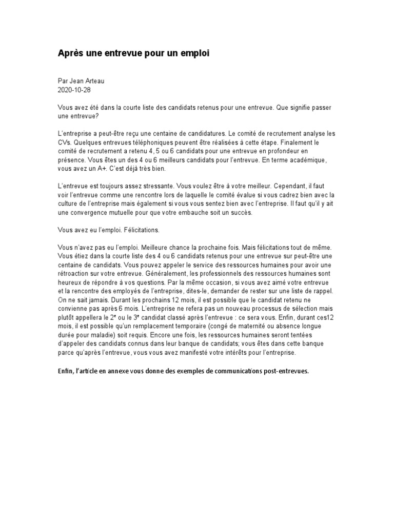 Guide Post-Entrevue pour Candidats | PDF | Career & Growth | Self ...