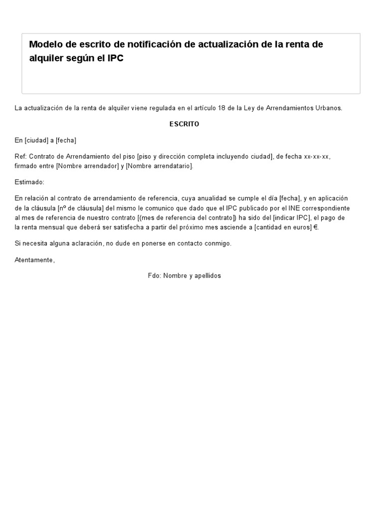 Modelo Escrito Notificacion Actualizacion Renta Ipc | PDF