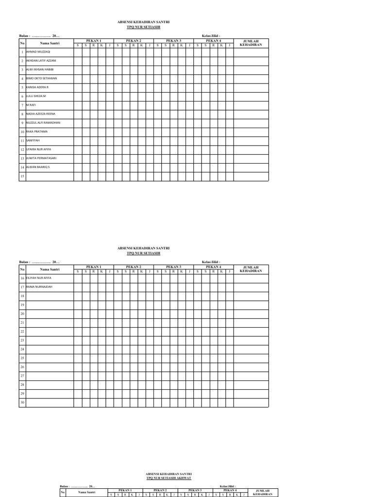 Absensi Santri TPQ Nur Setiasih | PDF | Agama & Spiritualitas