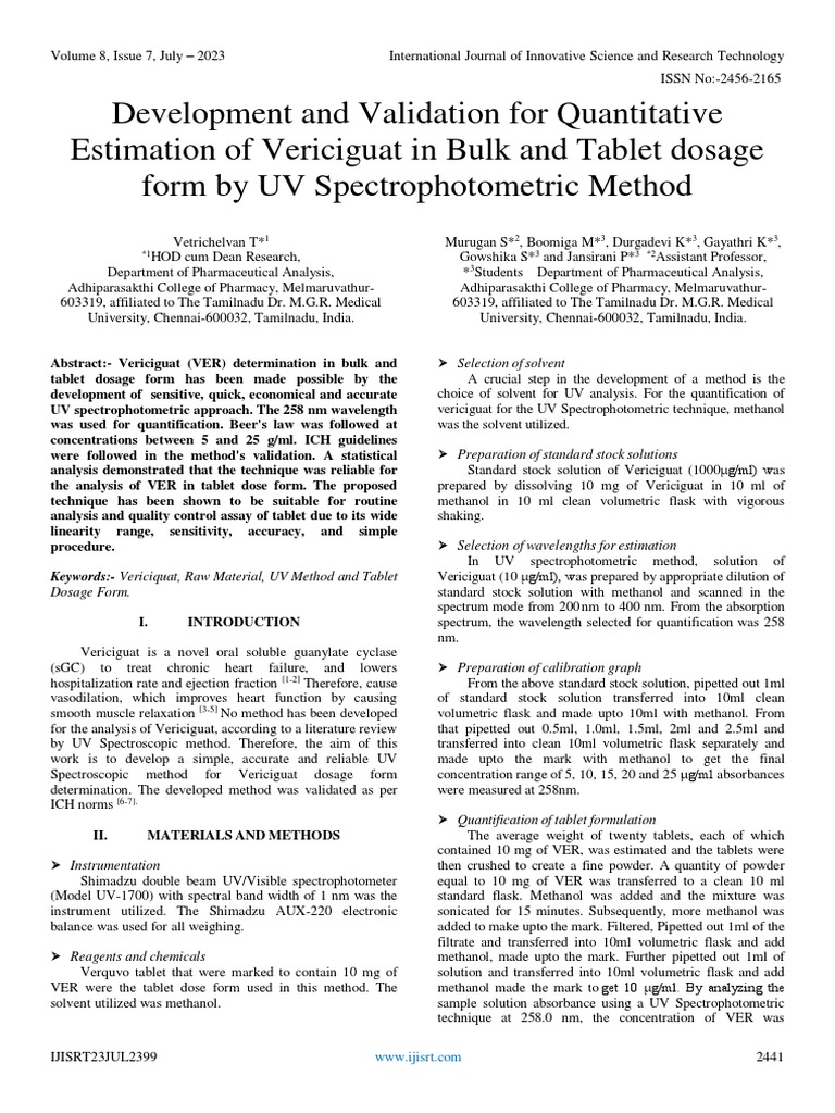 Development and Validation For Quantitative Estimation of Vericiguat in Bulk and Tablet Dosage ...