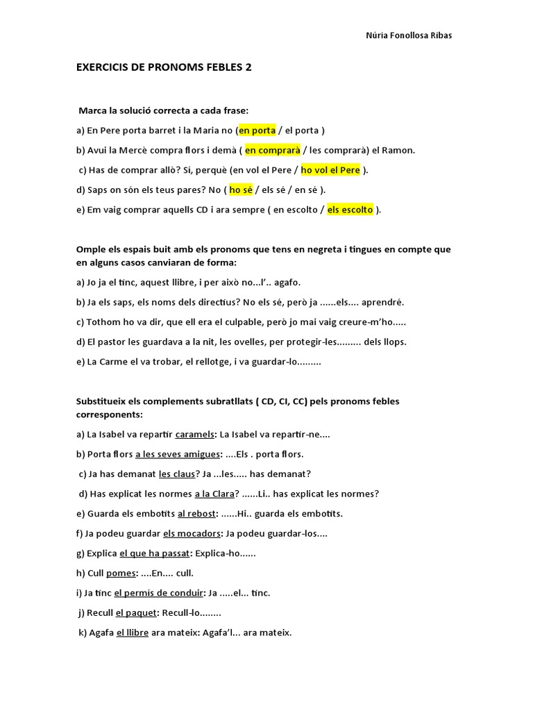 Exercicis Pronoms Febles 2 | PDF