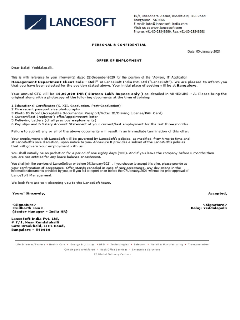 Balaji Yeddalapalli - Advisor - Dell - BLR - Offer Letter | PDF