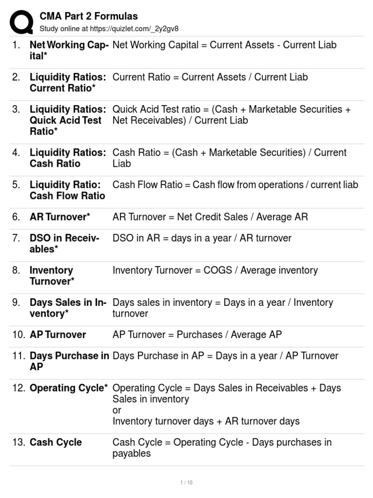 CMA Exam: Key Financial Formulas | PDF | Business | Finance & Money ...