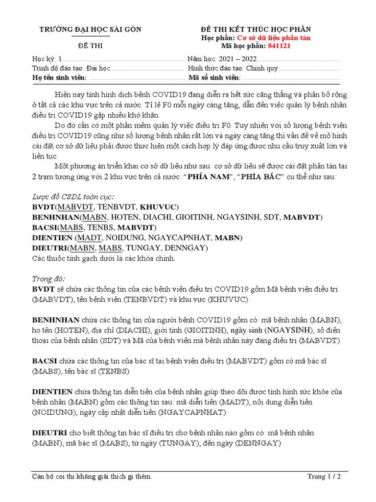 Co So Du Lieu Phan Tan - de Thi Phan 1 | PDF