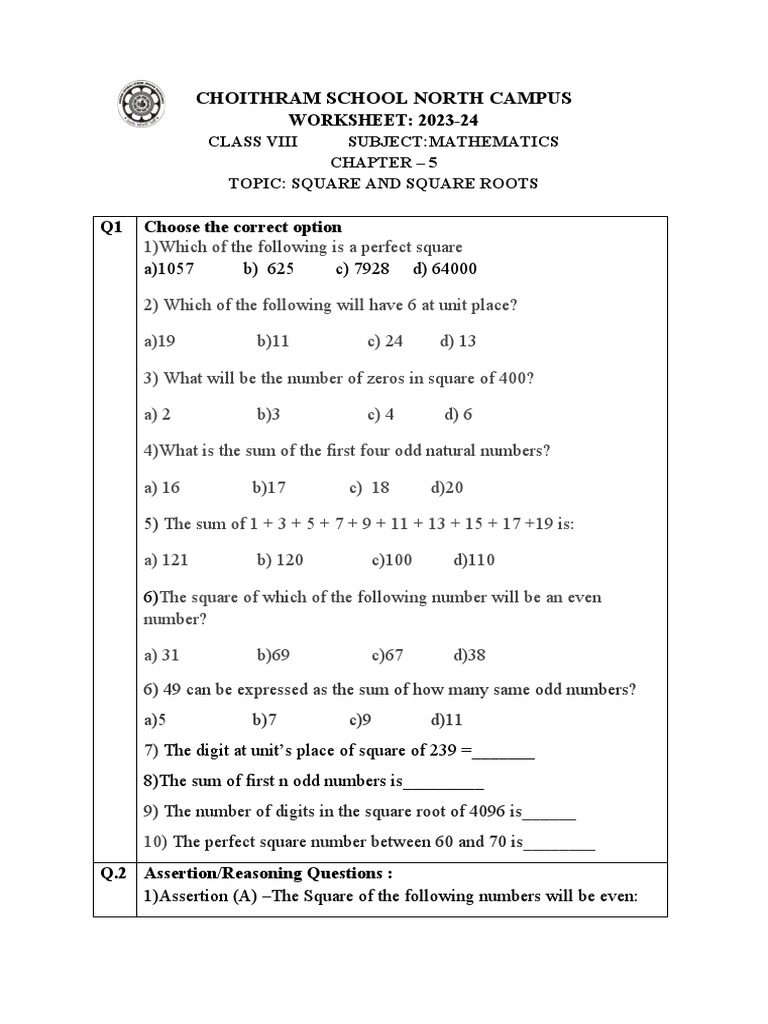 Worksheet Square 0 Square Root Class 8 Maths | PDF