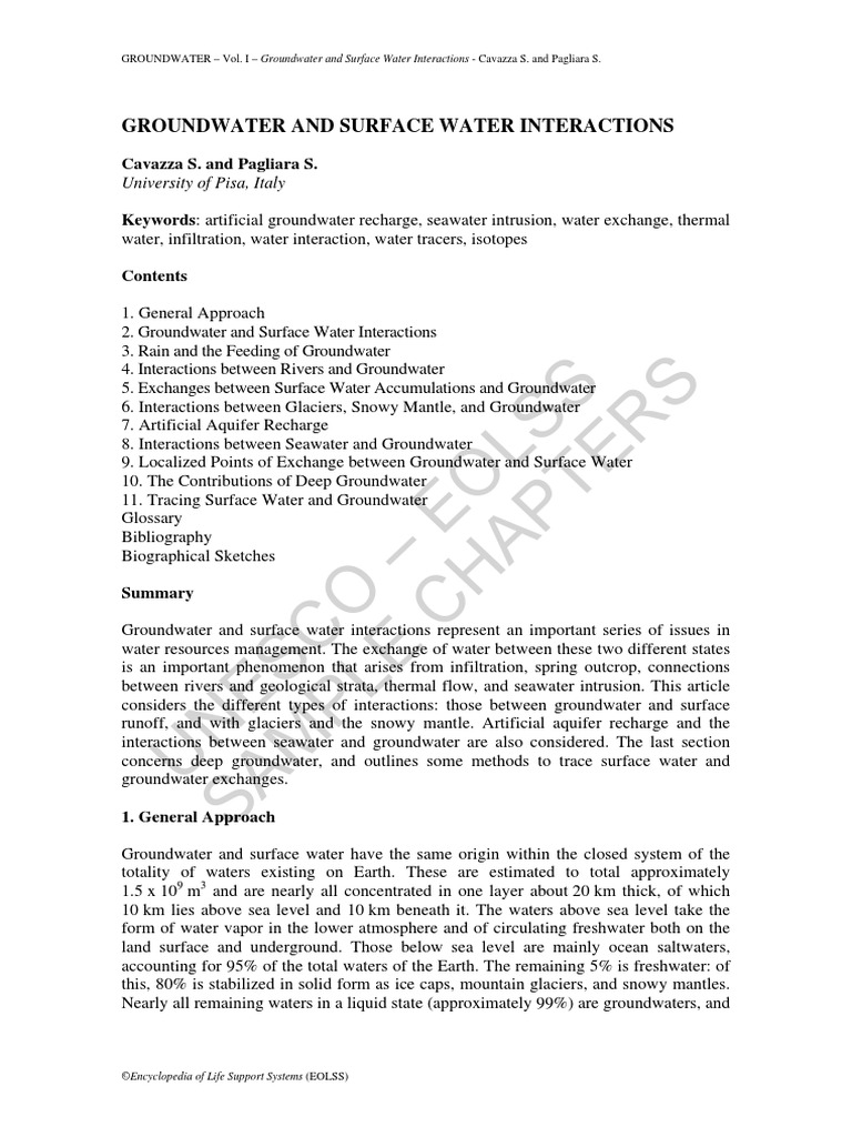 Unesco - Eolss Sample Chapters: Groundwater and Surface Water Interactions | PDF