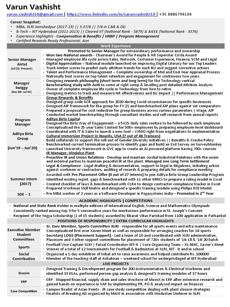CV - Varun Vashisht - XLRI - IIIT | PDF | Benchmarking | Economies