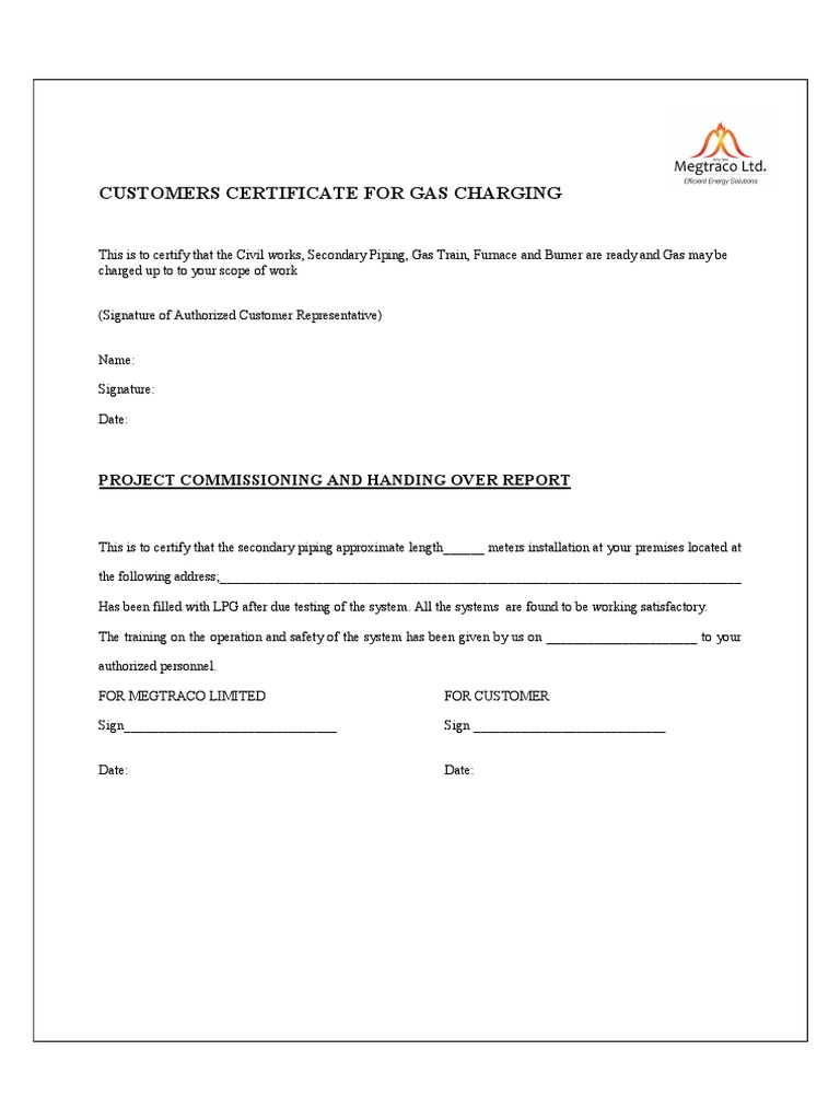 Gas Charging & Project Commissioning Document - Megtraco | PDF