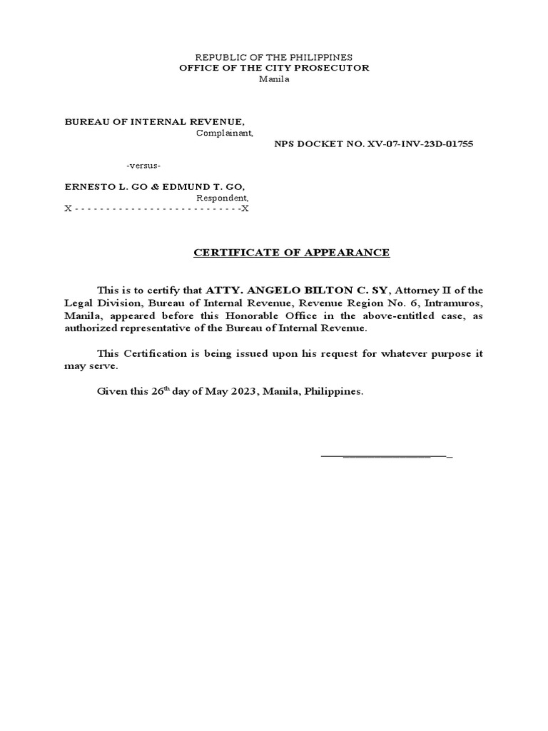 Certificate of Appearance - Ocp | PDF