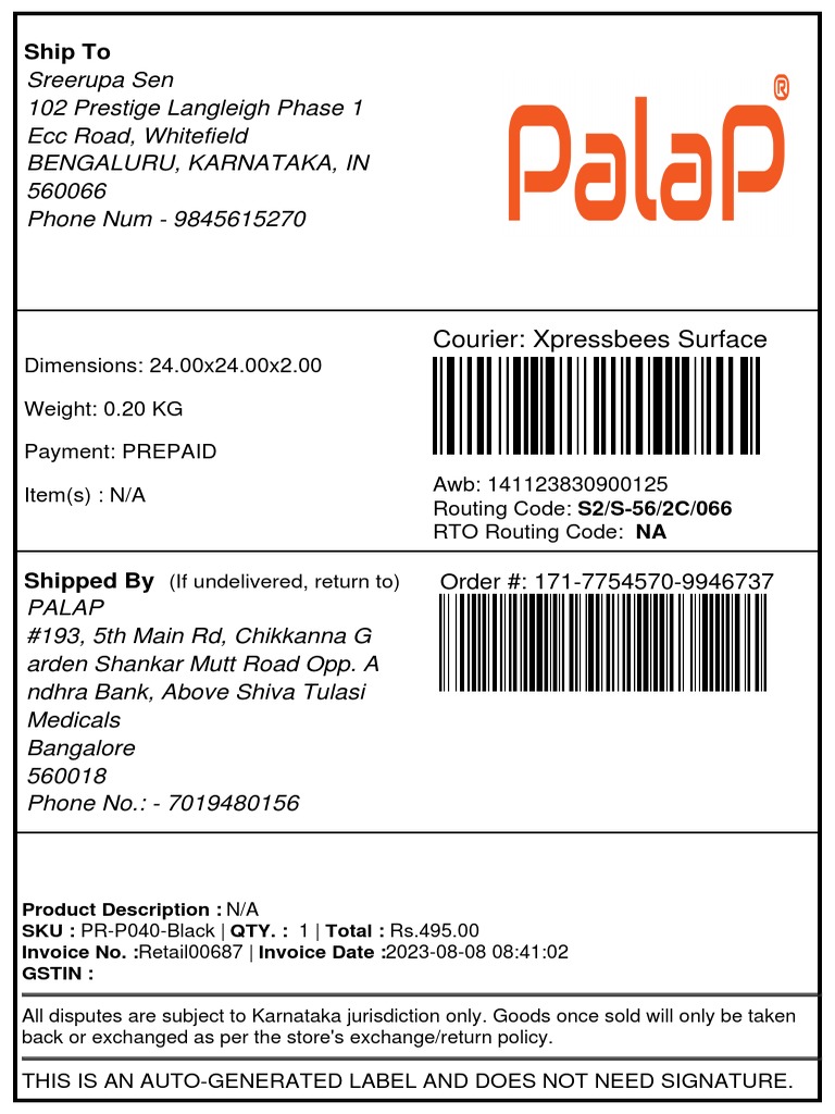 Shipping Label for Sreerupa Sen, Bengaluru | PDF