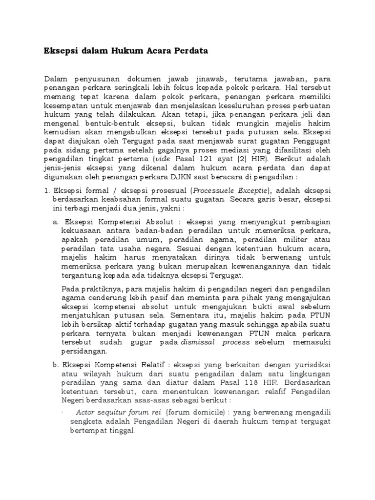 Eksepsi Dalam Hukum Acara Perdata | PDF