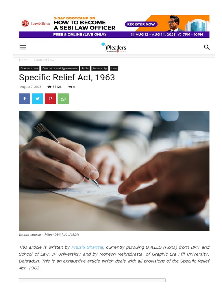 Specific Relief Act 1963 Explained | PDF | Finance & Money Management ...