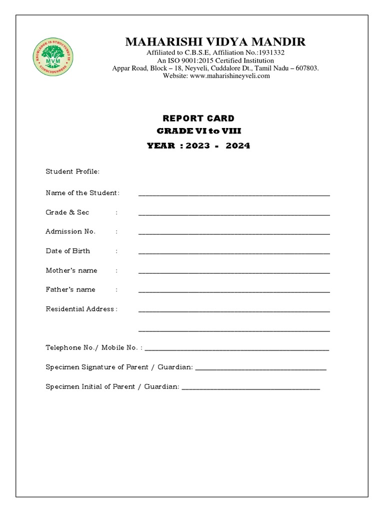 Reportcard & Mark Register Grade VI-VIII | PDF