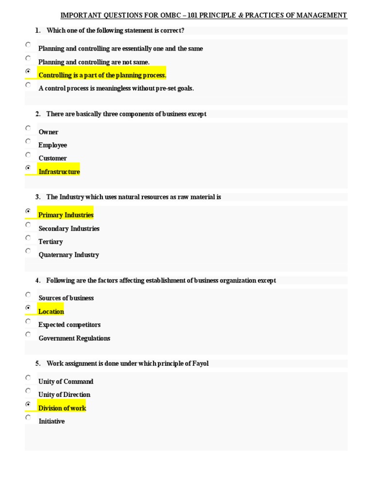 Ombc 101 Principle & Practice of Mang. J-22 Question Bank | PDF