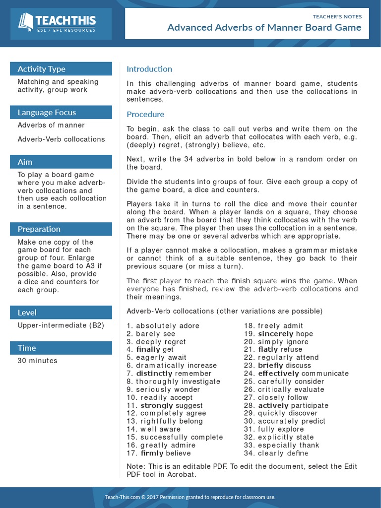 Advanced Adverbs of Manner Board Game | PDF | Adverb | English As A ...