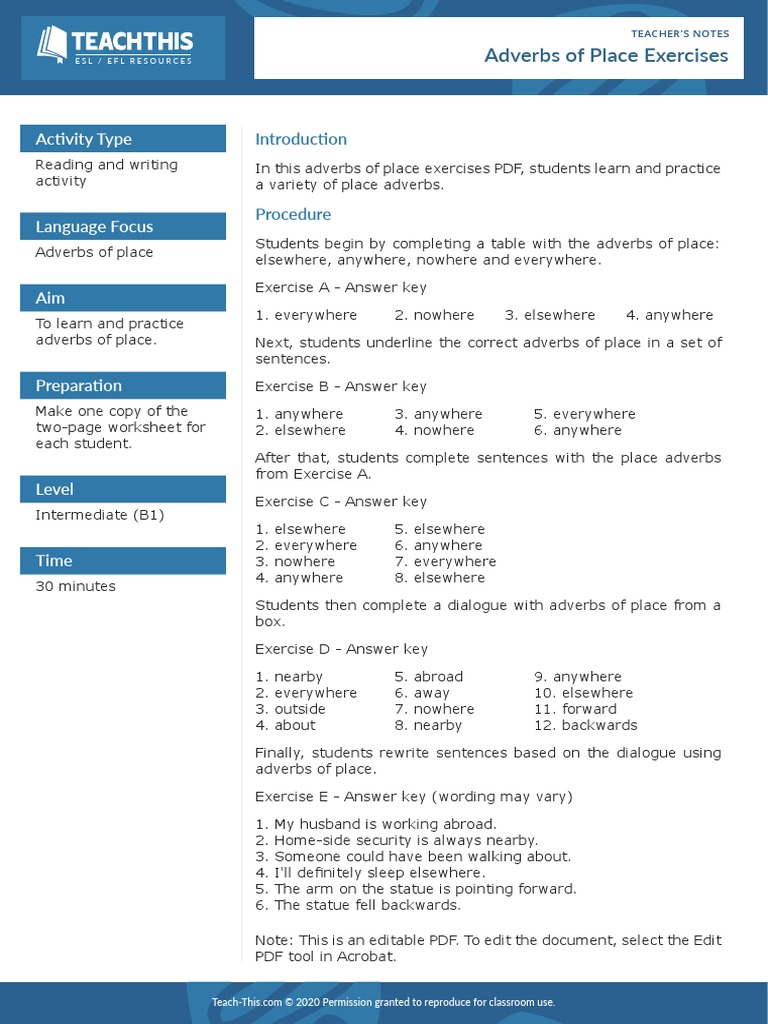 Adverbs of Place Exercises | PDF | English As A Second Or Foreign Language