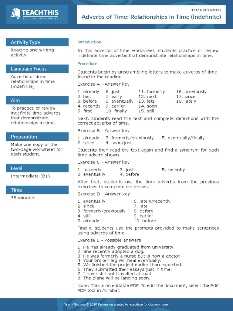 Adverbs of Time Relationships in Time Indefinite | PDF