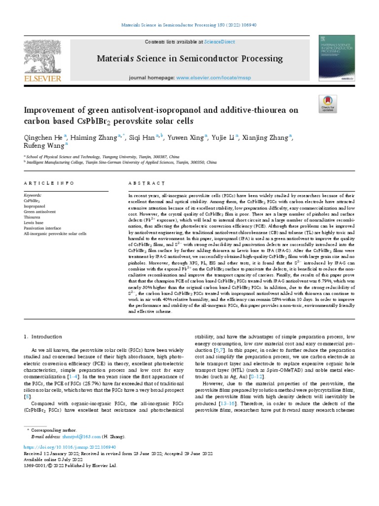 Improvement of Green Antisolvent-Isopropanol and Additive-Thiorea On ...
