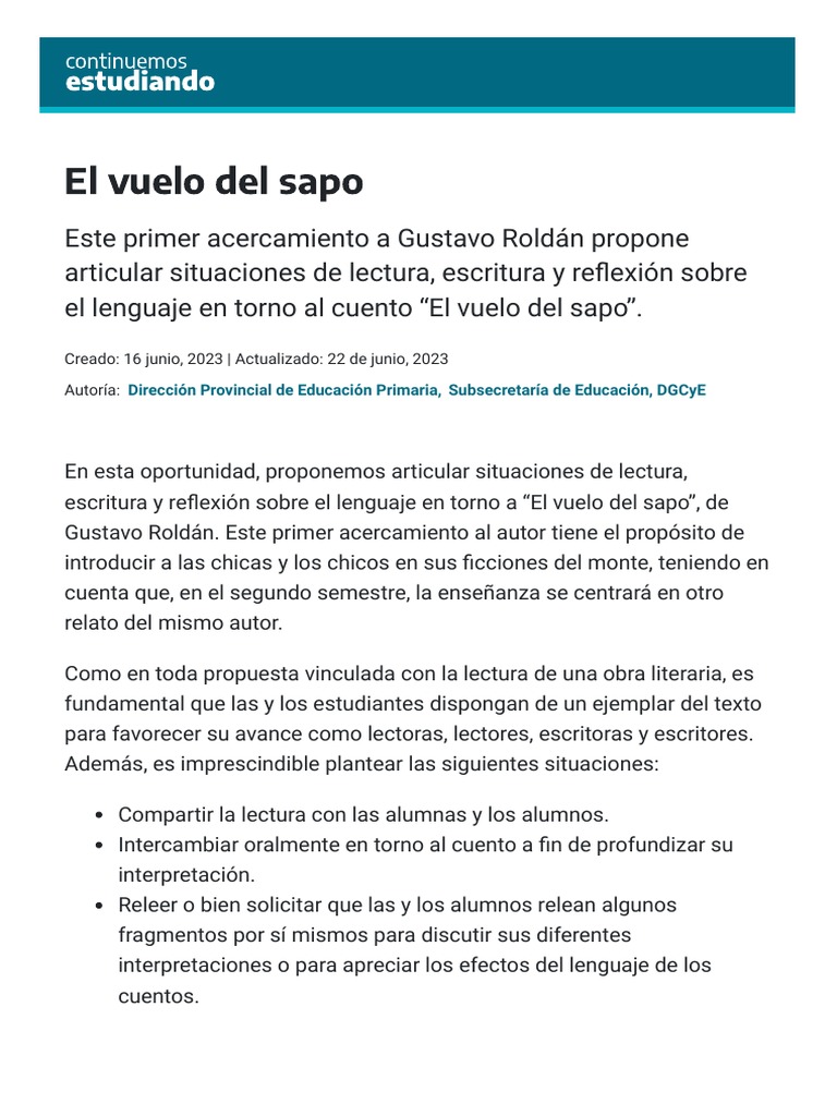 El Vuelo Del Sapo Continuemos Estudiando 1 Pdf Cuentos Verdad