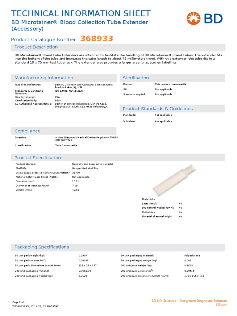 Technical Information Sheet: BD Microtainer® Blood Collection Tube Extender (Accessory) | PDF ...