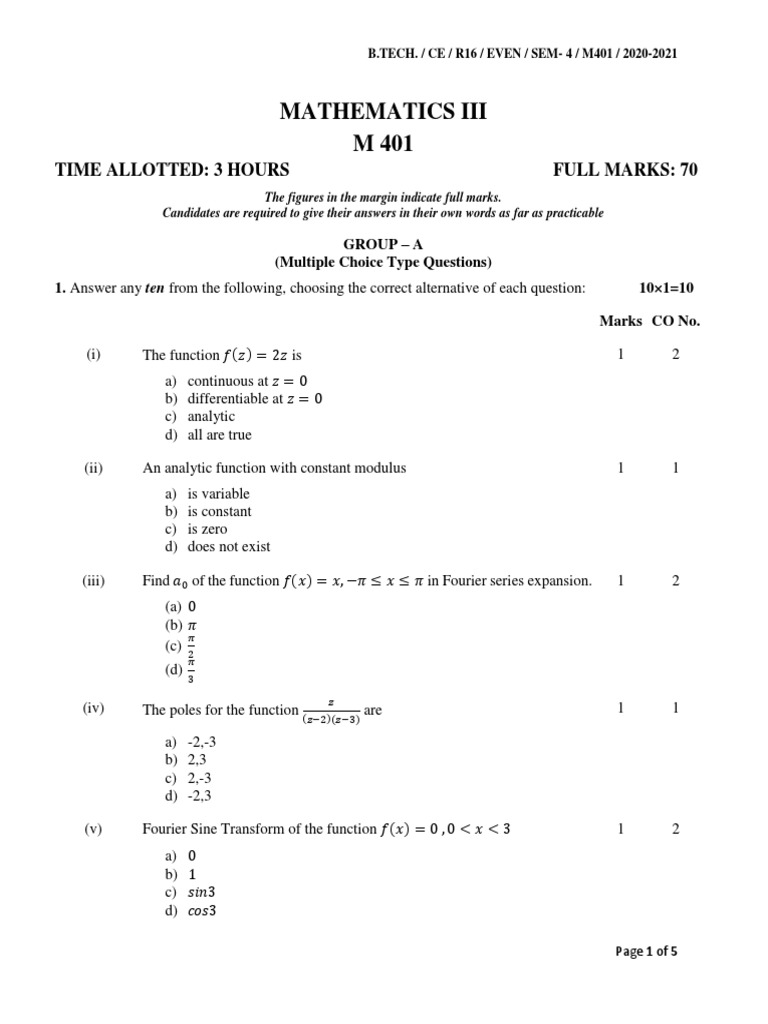 Ce - M401 - Mathematics Iii - R16 | PDF | Function (Mathematics) | Analytic Function