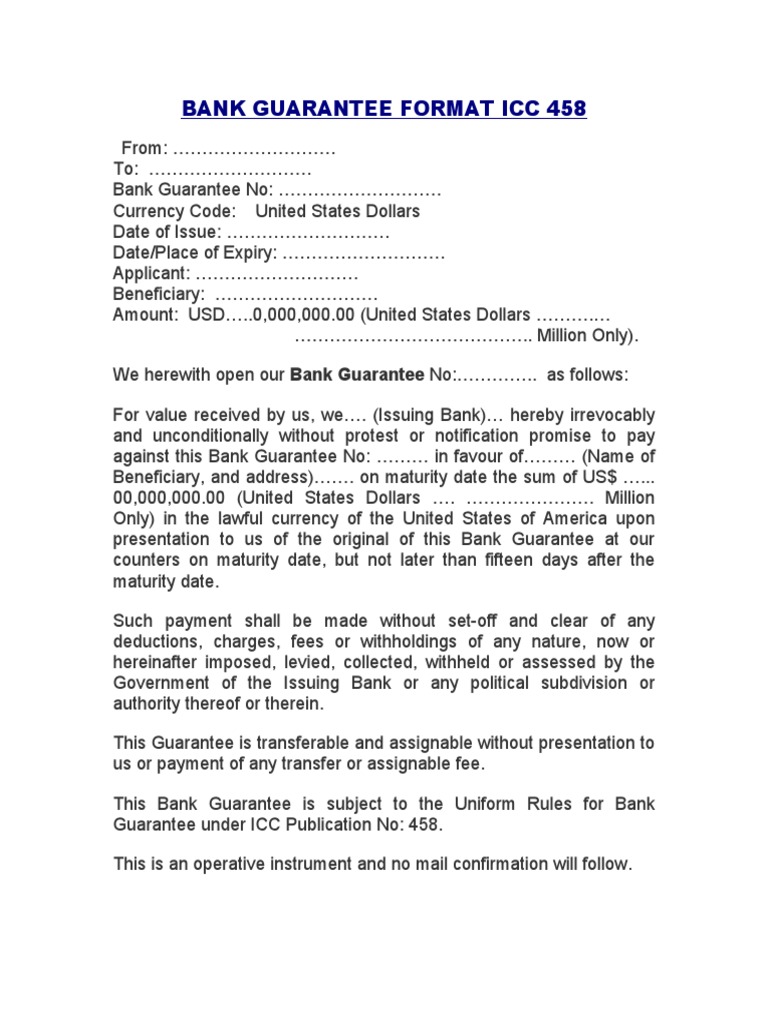 Bank Guarantee Format Icc 458 | PDF | Letter Of Credit | Private Sector